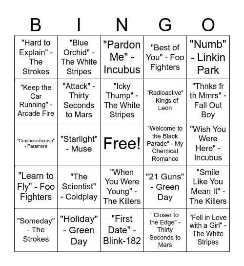 Alt Rock Music Bingo Round 4 Bingo Card