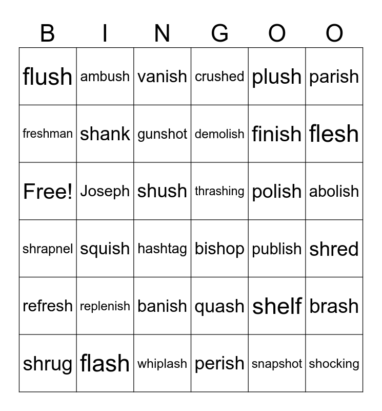 Digraphs SH Bingo Card