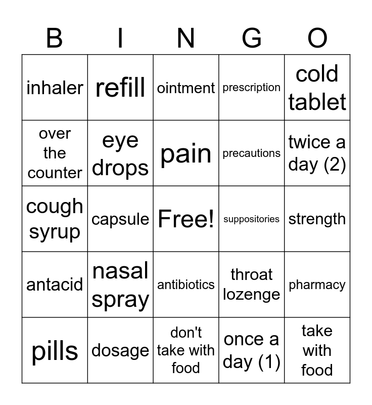 Medication Bingo Card