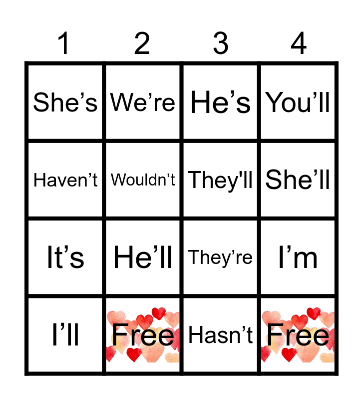 CONTRACTION BINGO Card