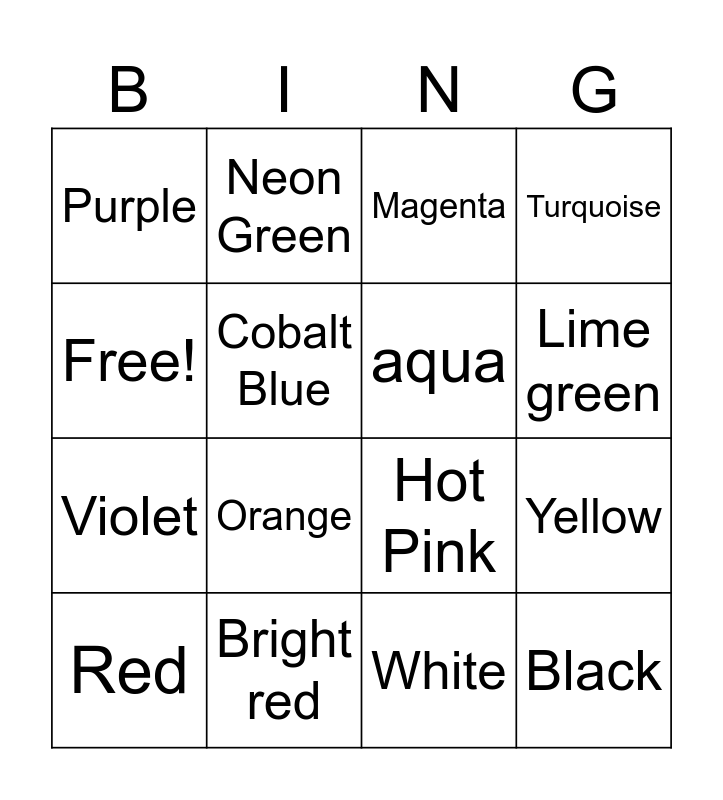 Colors Bingo Card