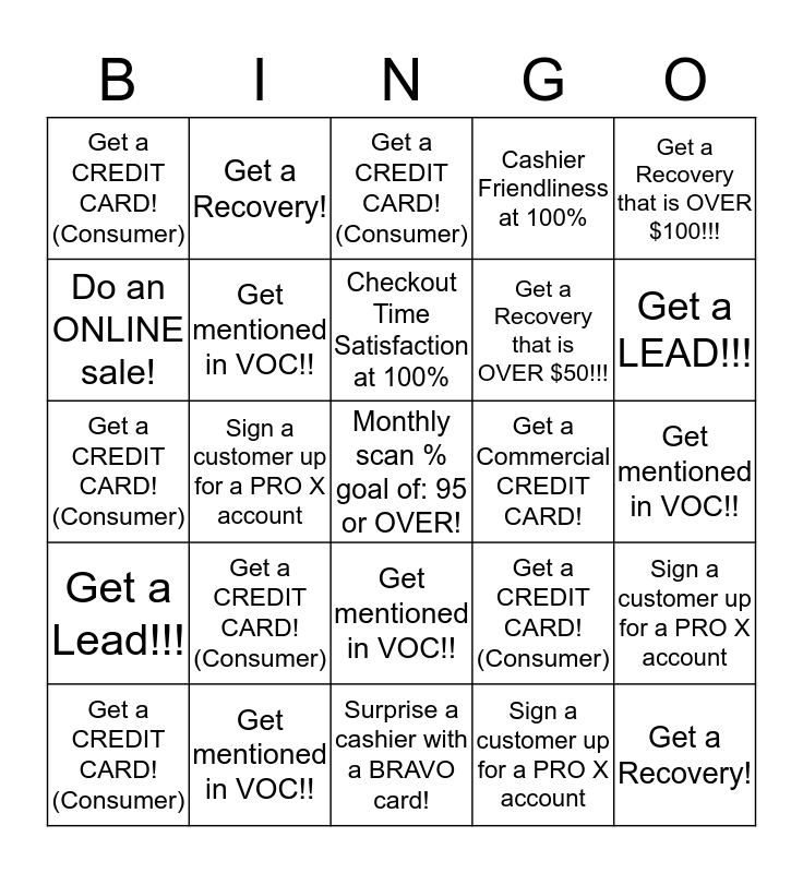 OCTOBER- Cashier (Credit) BINGO Card