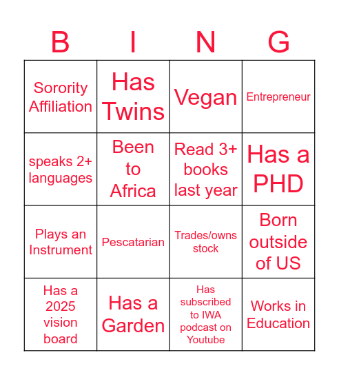 Women Inspire Summit Bingo Card