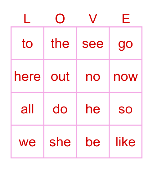 Heart Word Bingo Card