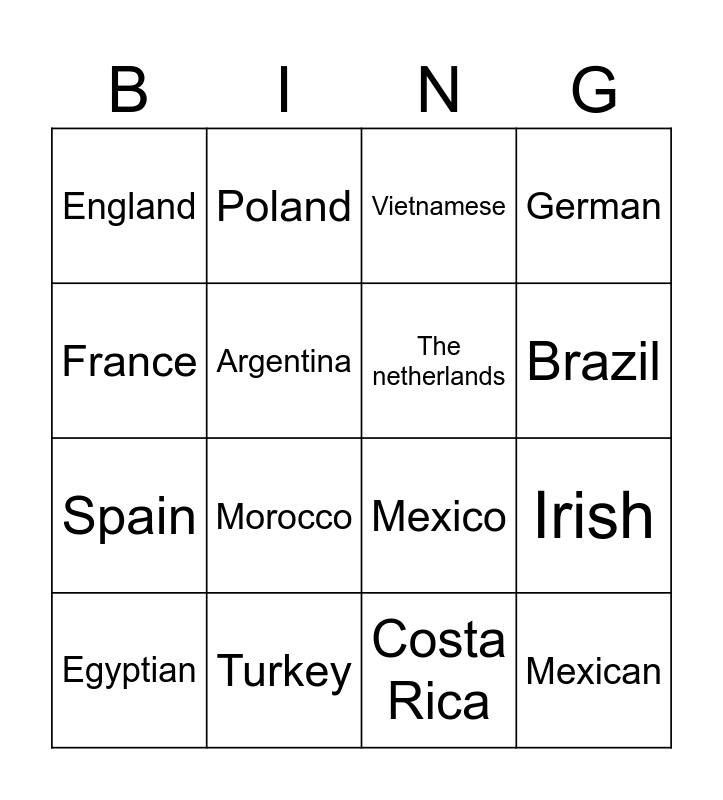 Countries and nationalities Bingo Card