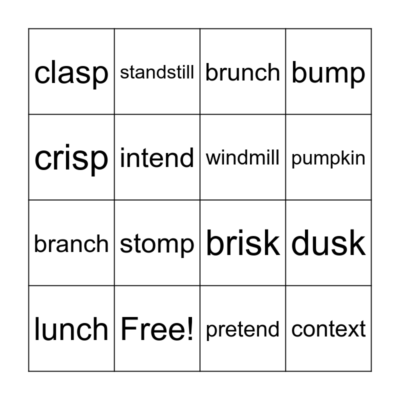 Remaining Ending Blends Bingo Card