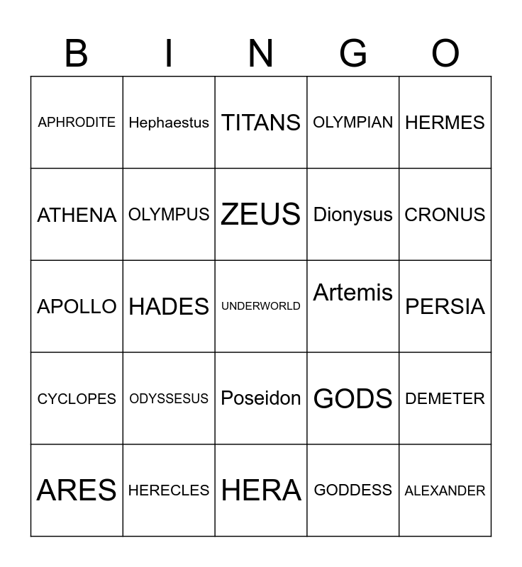Ancient Greek Bingo Card