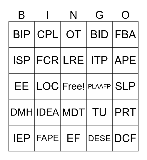 Special Ed. Terminology Bingo Card