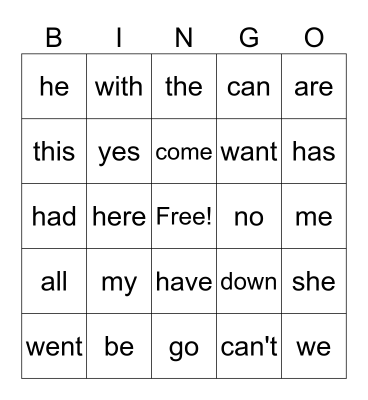 Power Word Bingo Card