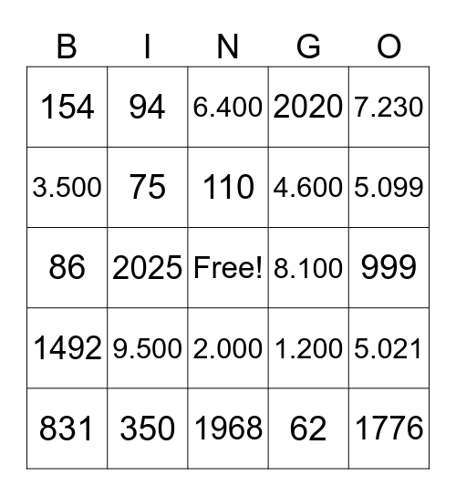 Les nombres 100+ Bingo Card
