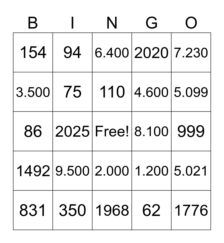 Les nombres 100+ Bingo Card