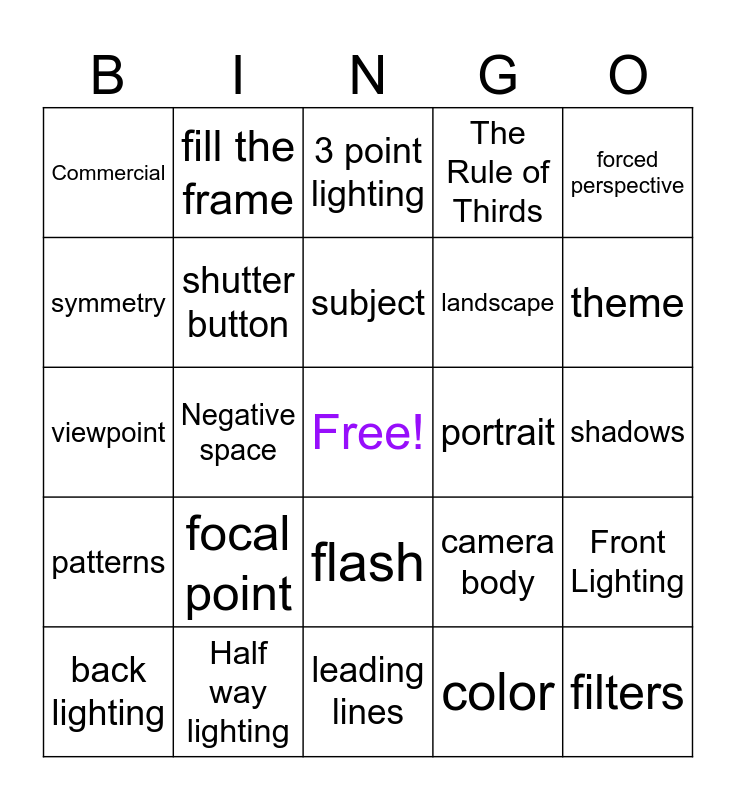 Photography Bingo! Bingo Card
