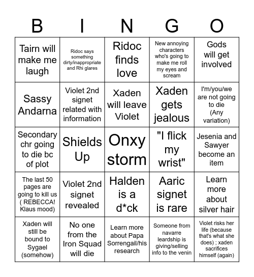 Onxy Storm Bingo Card Bingo Card