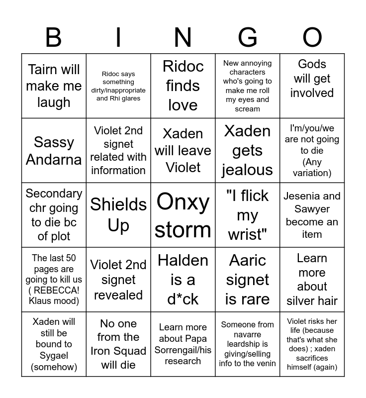 Onxy Storm Bingo Card Bingo Card