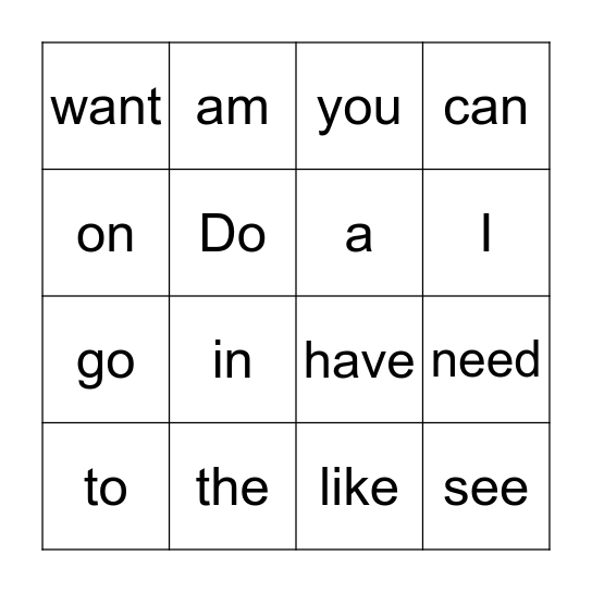Sight Words Bingo Card