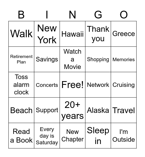 Retirement Bingo Card