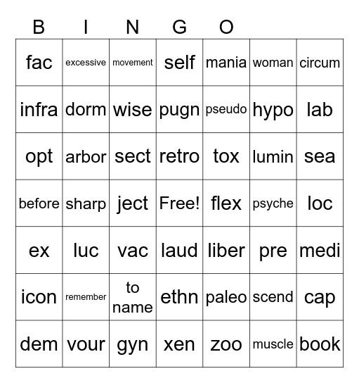 Prefixes and Suffixes Bingo Card