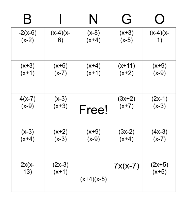 Factoring Bingo Card