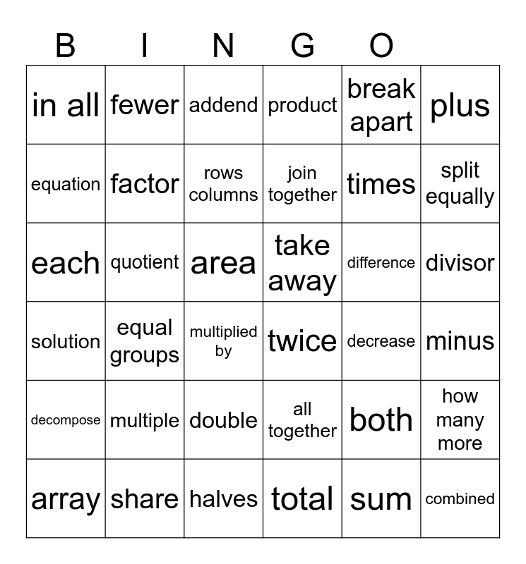 Third Grade Math Vocabulary Bingo Card