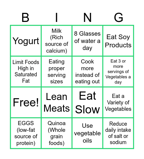Healthy Eating Habits Bingo Card