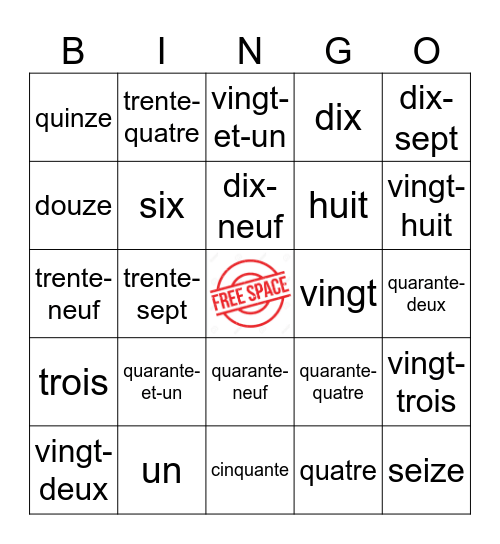 Les nombres de 0 à 60 -- en lettres Bingo Card