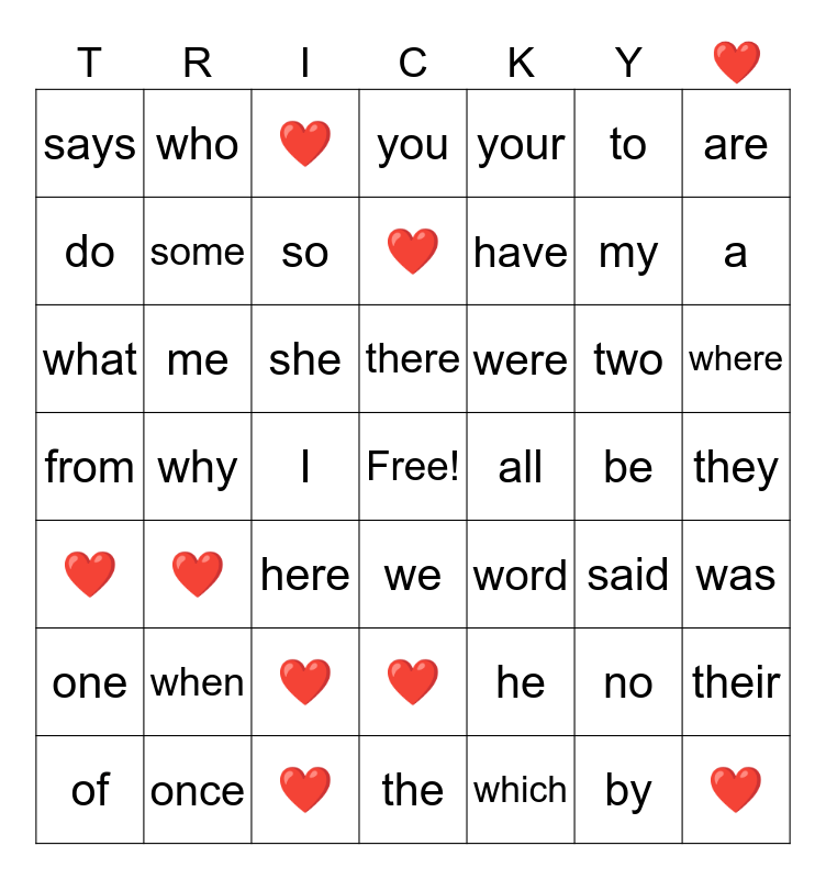 Tricky Words Unit 1 Bingo Card
