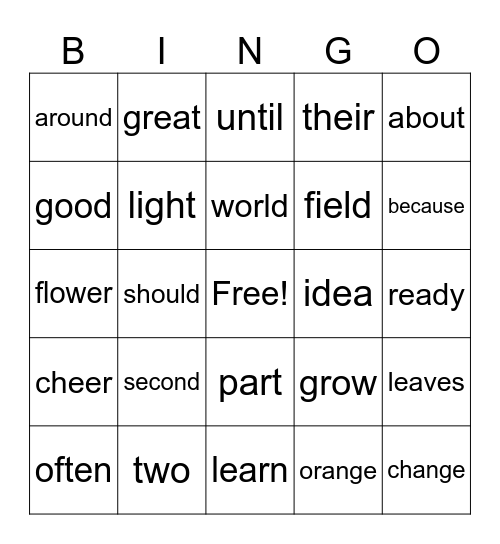 Grade 2 High Frequency Words Bingo Card