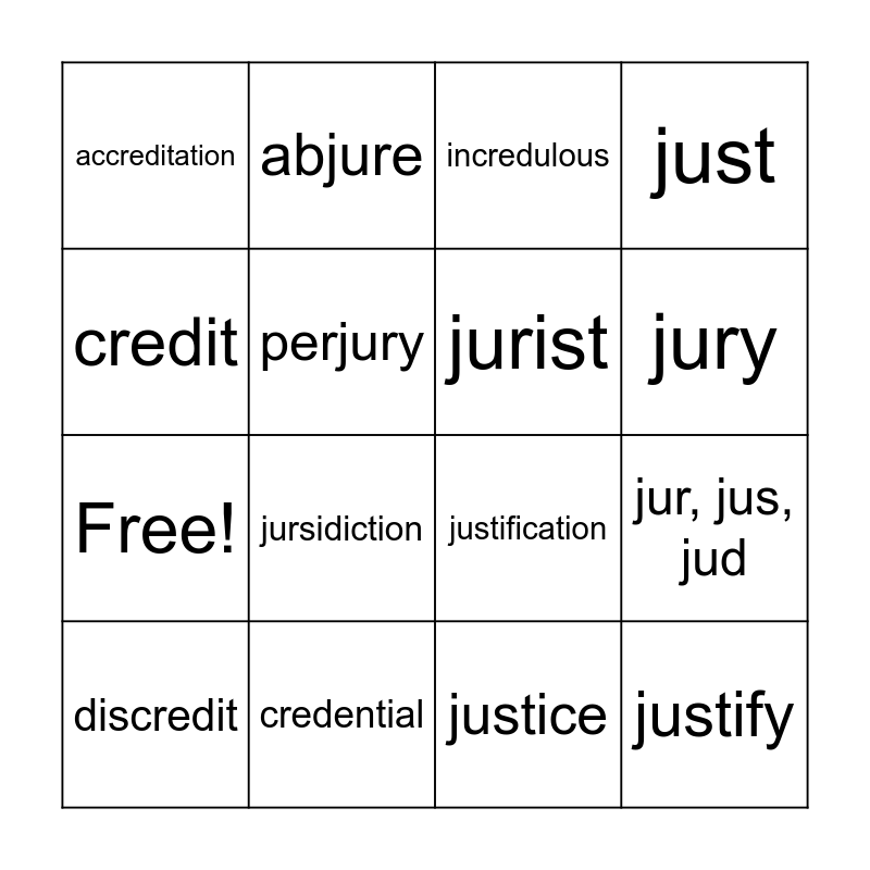 Cred & Jur, Jus, Jud Roots Bingo Card