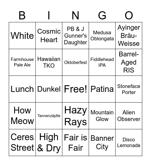 Beer-Go! Bingo Card