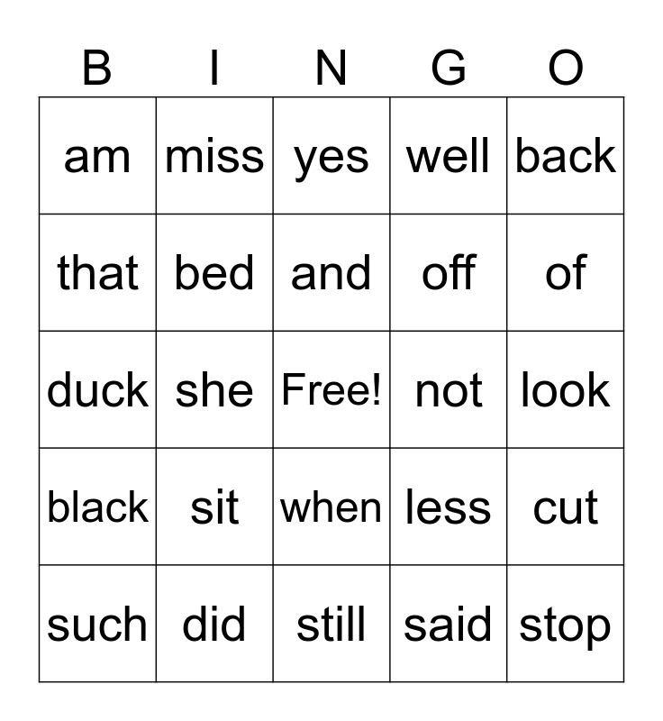 Sight Words and Digraphs Bingo Card
