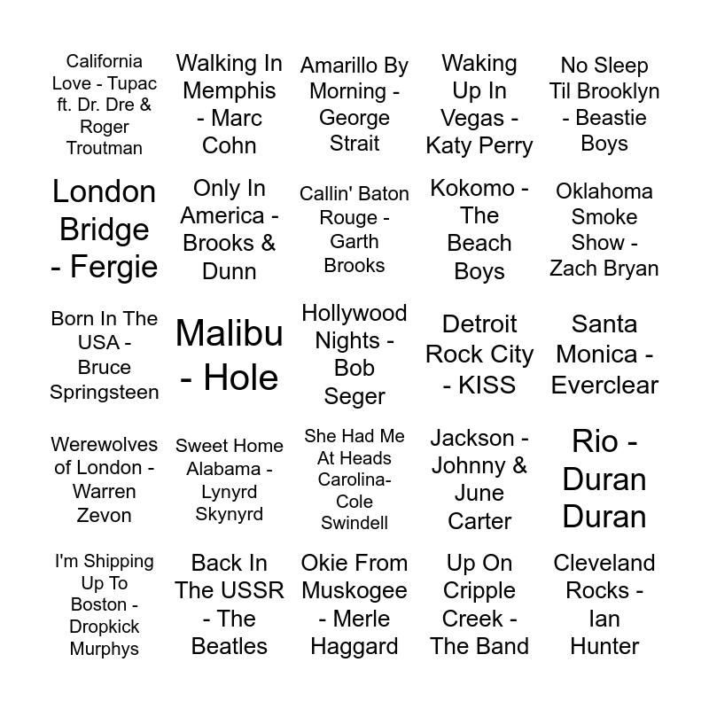 Location Location Location Bingo Card