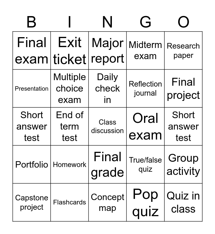Assessment Bingo Card