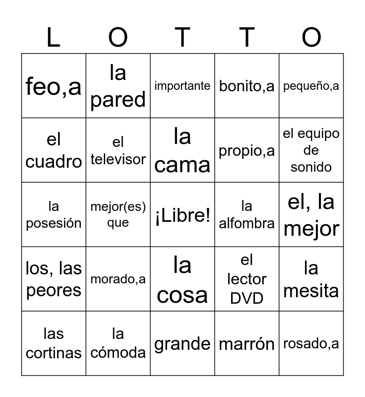 Realidades 1 Chapter 6A Bingo Card