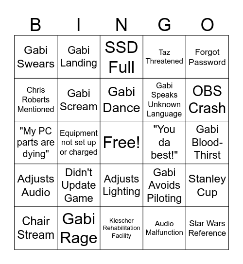Gabi Stream Bingo Card