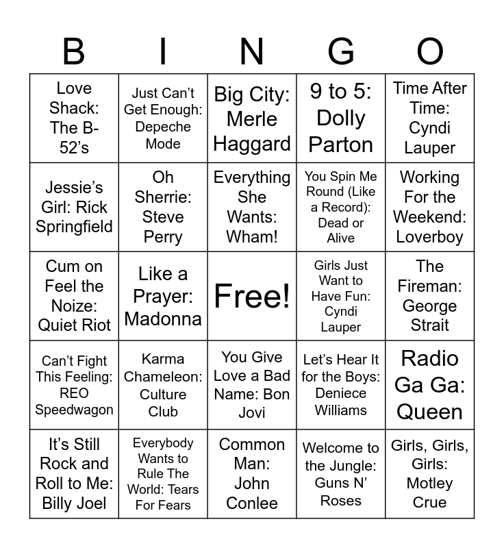 80's Hits Bingo Card