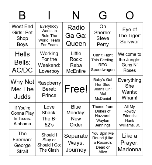 80's Hits Bingo Card