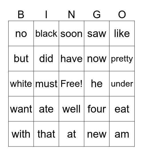 Kindergarten Sight Words Bingo Card