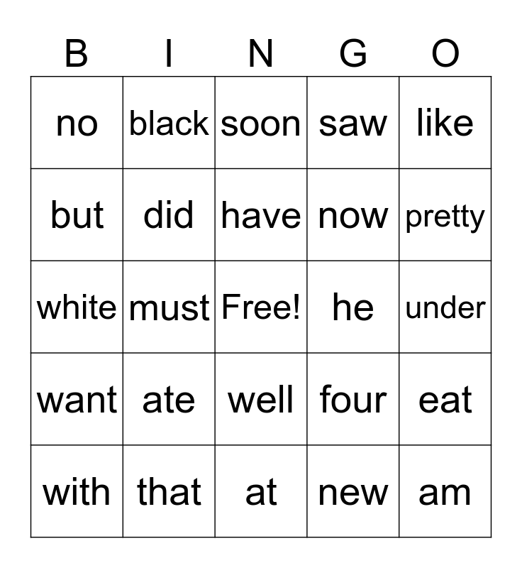 Kindergarten Sight Words Bingo Card