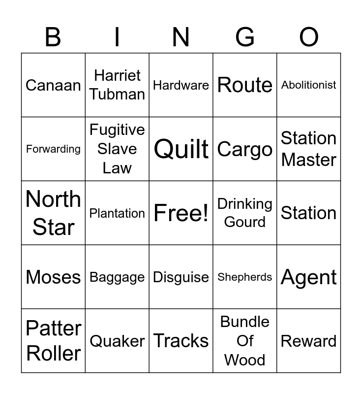 Underground Railroad Bingo Card