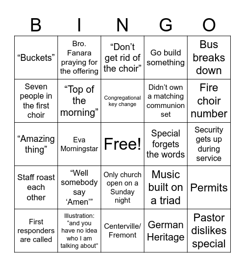 GSBC SUNDAY BINGO Card