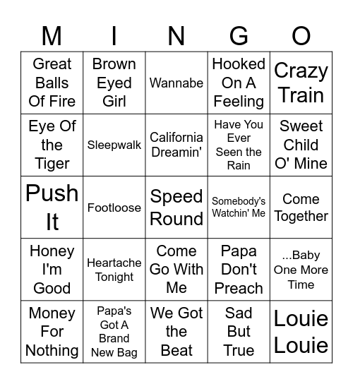 Speed Round Bingo Card