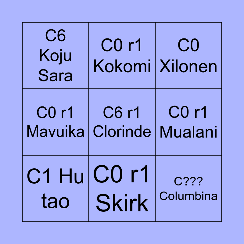 Genshin 2025-2026 wish goals Bingo Card