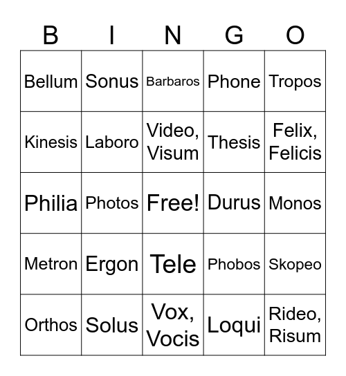 Greek and Latin Units 5-11 Bingo Card