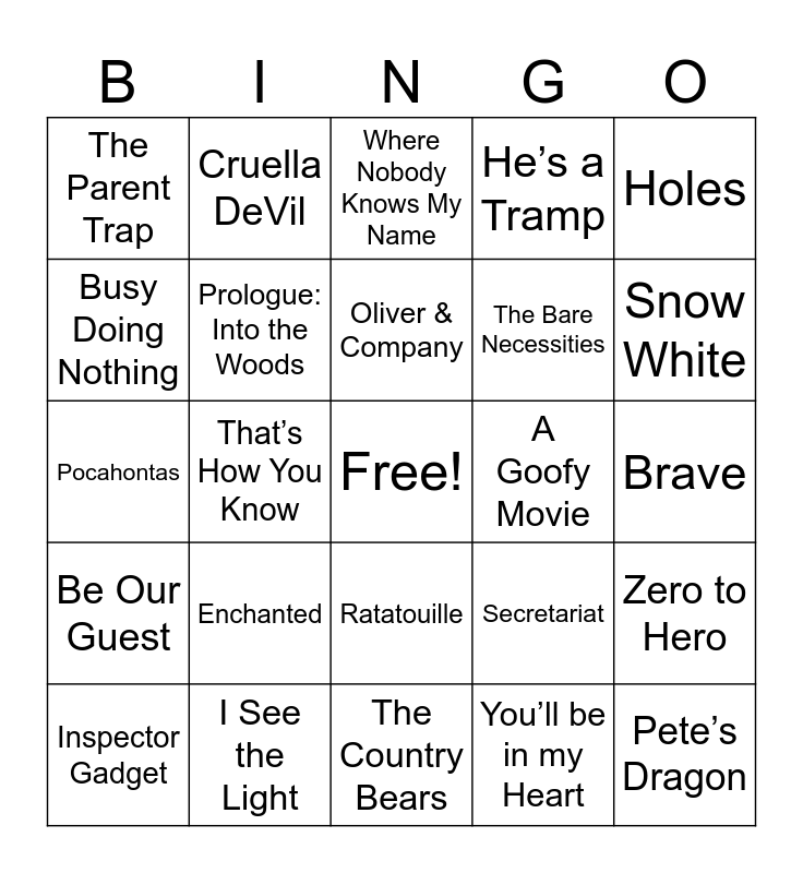 Disney Music BINGO Card