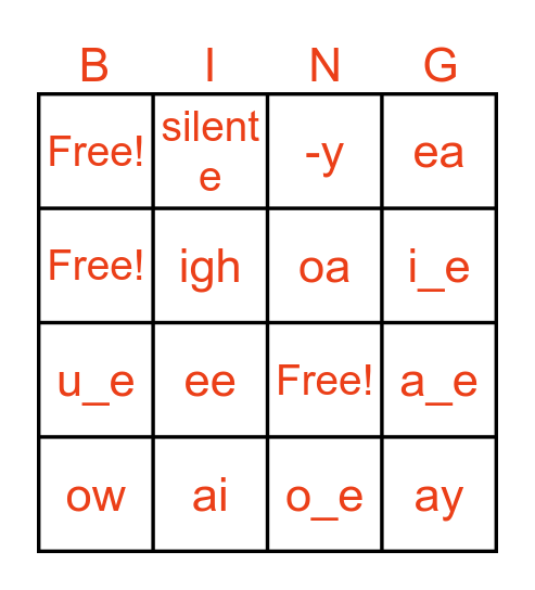 Long vowel sounds Bingo Card