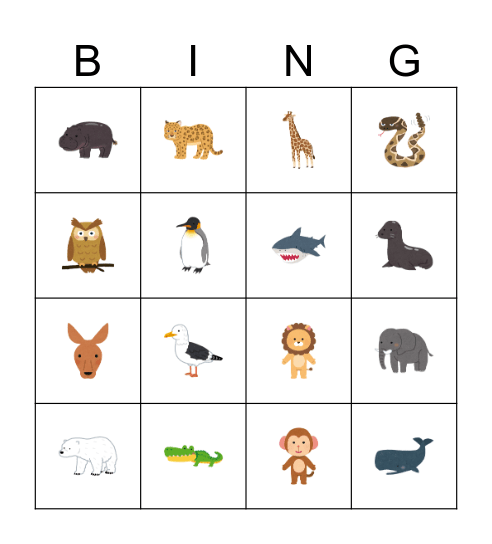 Wild Animals Bingo Card