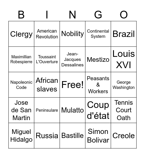 Age of Revolutions Bingo Card