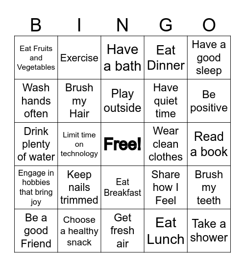 Healthy Habits Bingo Card