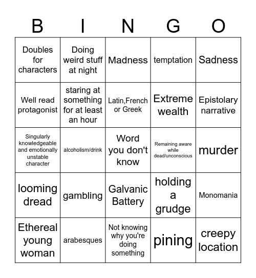 Edgar Allen Poe Bingo Card
