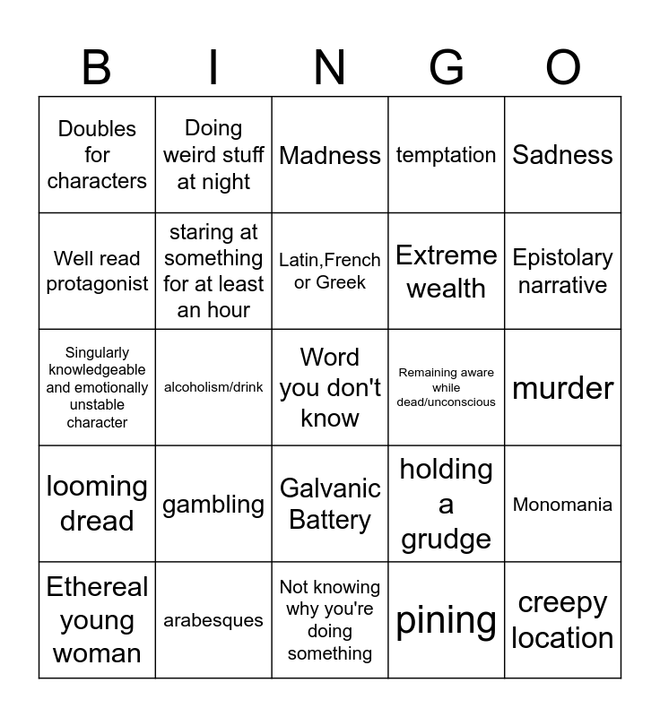 Edgar Allen Poe Bingo Card